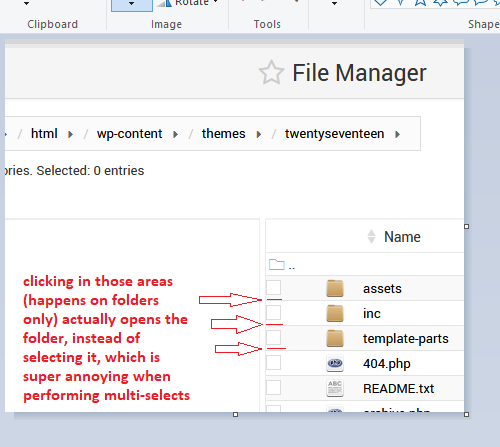clicks below checkboxes in file manager actually open the folder, instead of selecting it ...